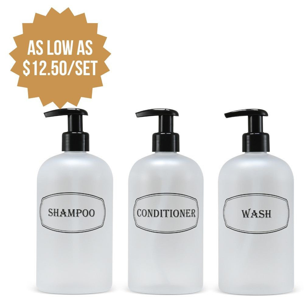 16 oz. Wholesale Plastic Shampoo, Conditioner, Wash Shower Bottle Set ...