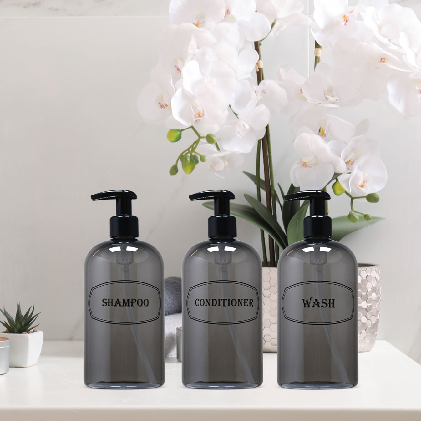 16 oz. Refillable Plastic Shampoo, Conditioner, Wash Shower Bottles wi ...
